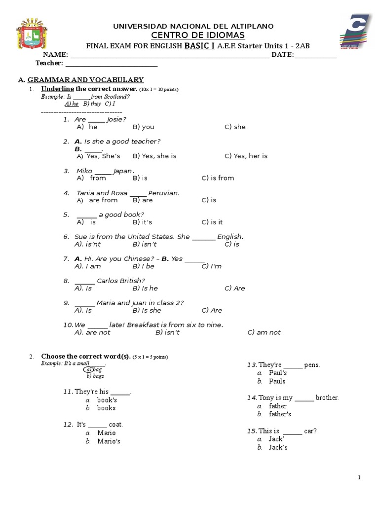 Centro de Idiomas Basic I: Final Exam For English A.E.F. Starter Units 1 - 2AB | PDF | Symbols ...