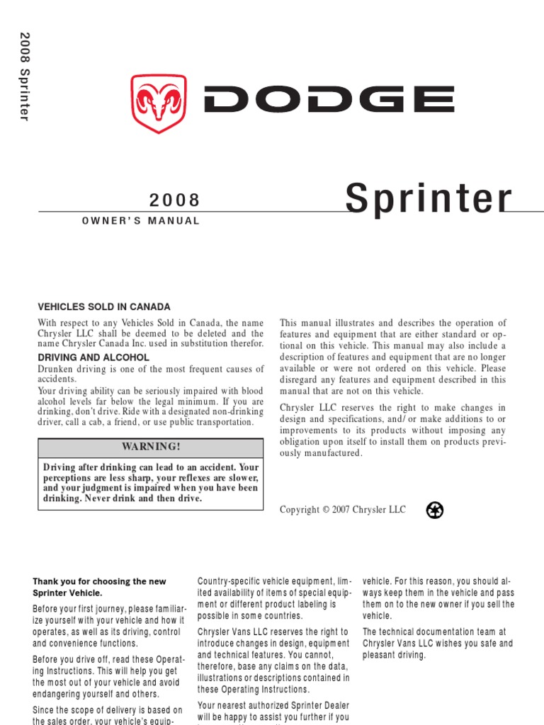 2008 Sprinter Owners Manual PDF | PDF | National Highway Traffic Safety ...