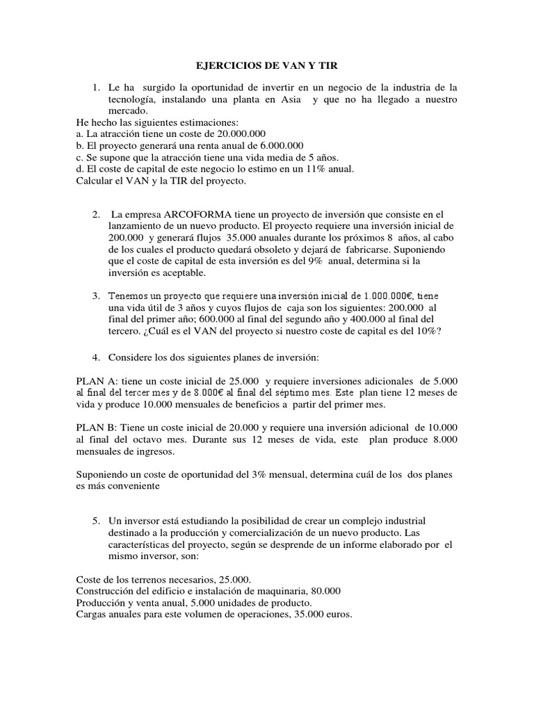 Ejercicios de Van y Tir | PDF | Costo de oportunidad | Flujo de efectivo