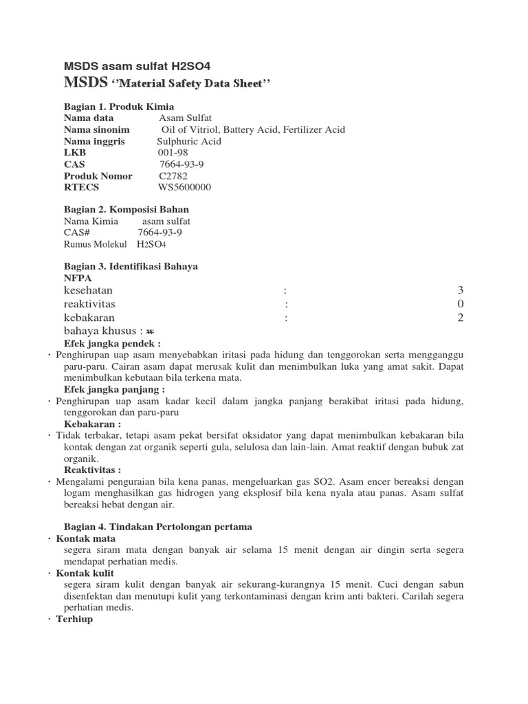 MSDS Asam Sulfat H2SO4 | PDF