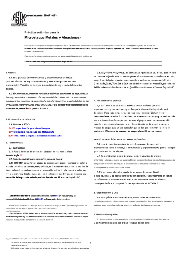 ASTM E407 Method For Microetching Metals and Alloys en Es | PDF | Cromo ...