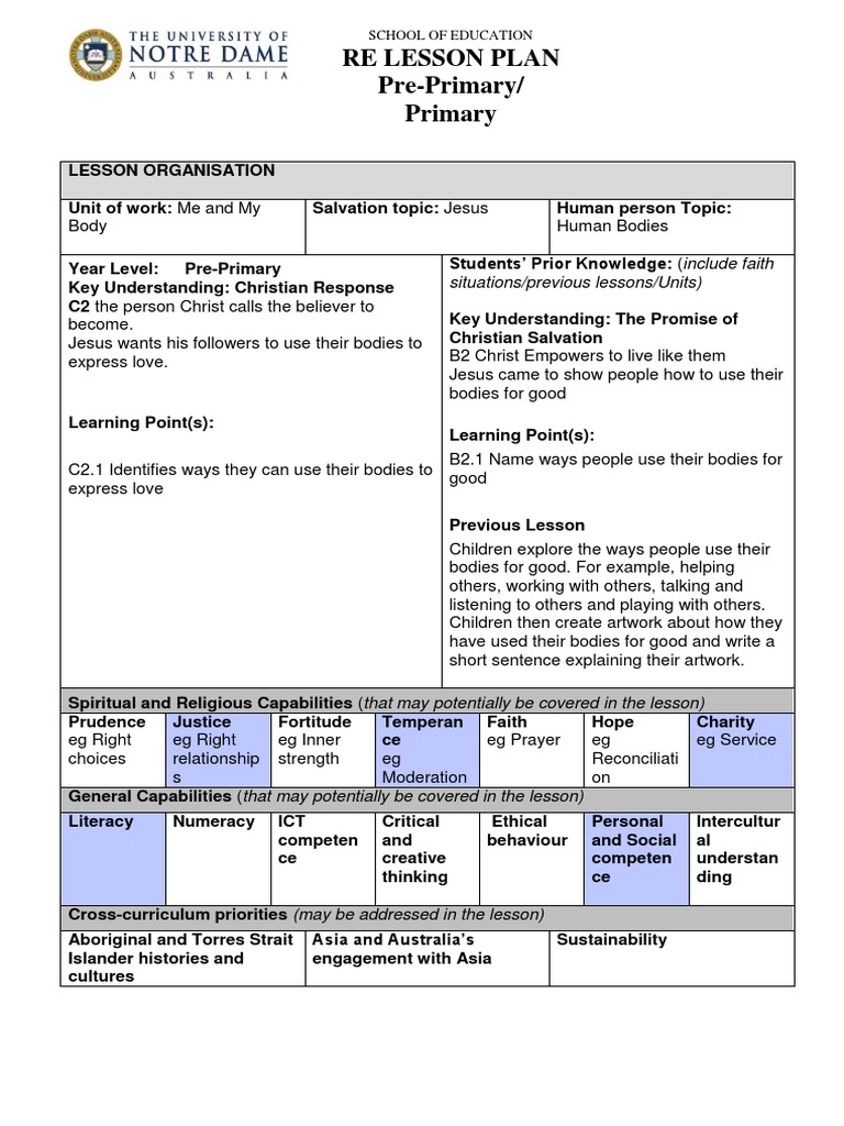 Re Lesson Plan Pre-Primary/ Primary: Situations/previous Lessons/units ...