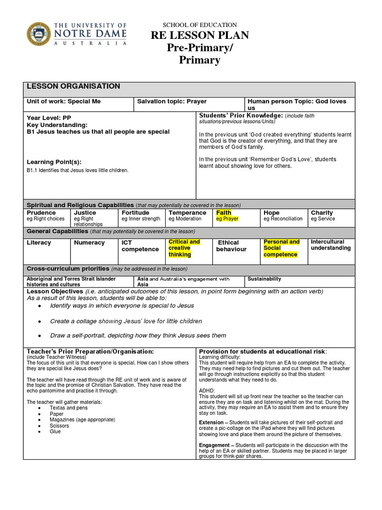Re Lesson Plan Pre-Primary/ Primary | Download Free PDF | Jesus | Prayer