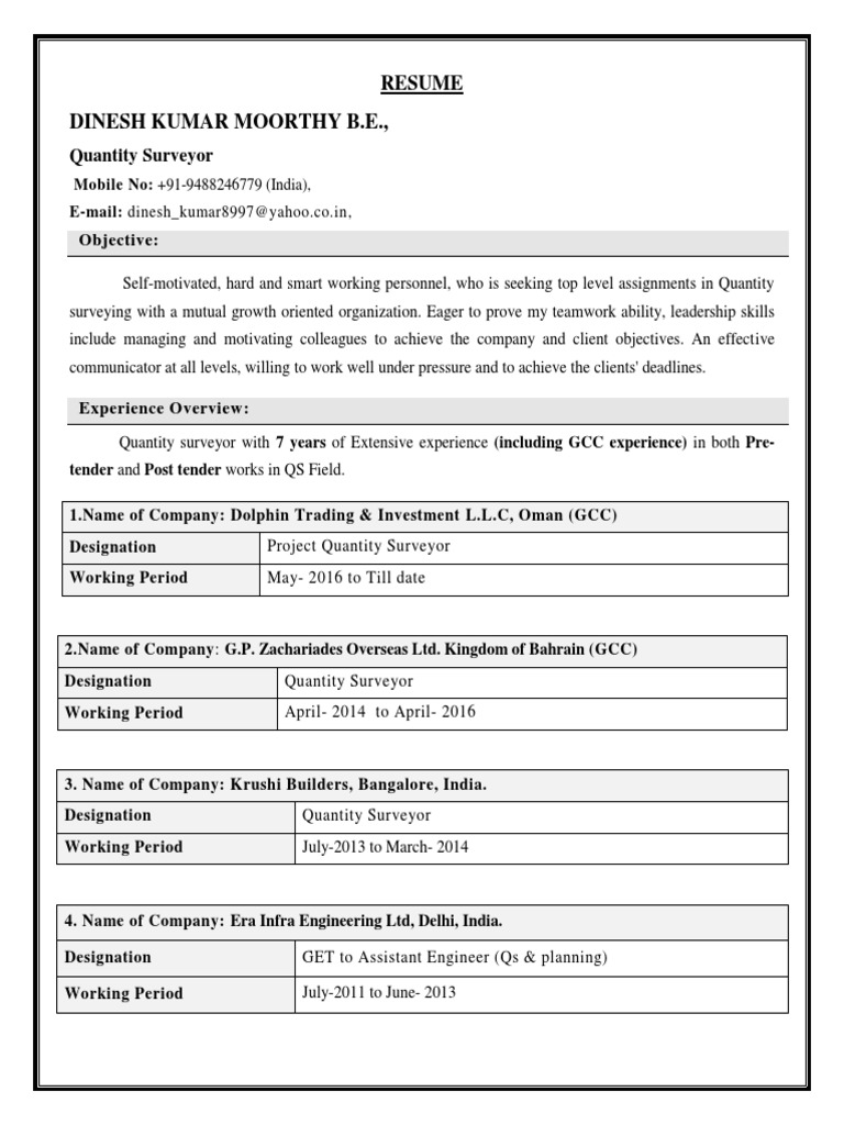 Dinesh-CV (QS With 7 Yrs Experience Including Gulf) | PDF | Invoice | Procurement