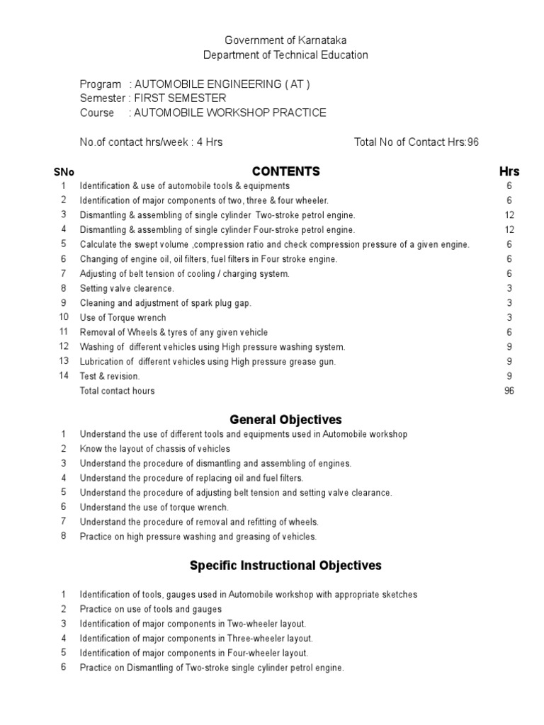 Automobile Workshop Practice Guide | PDF | Cylinder (Engine) | Engines