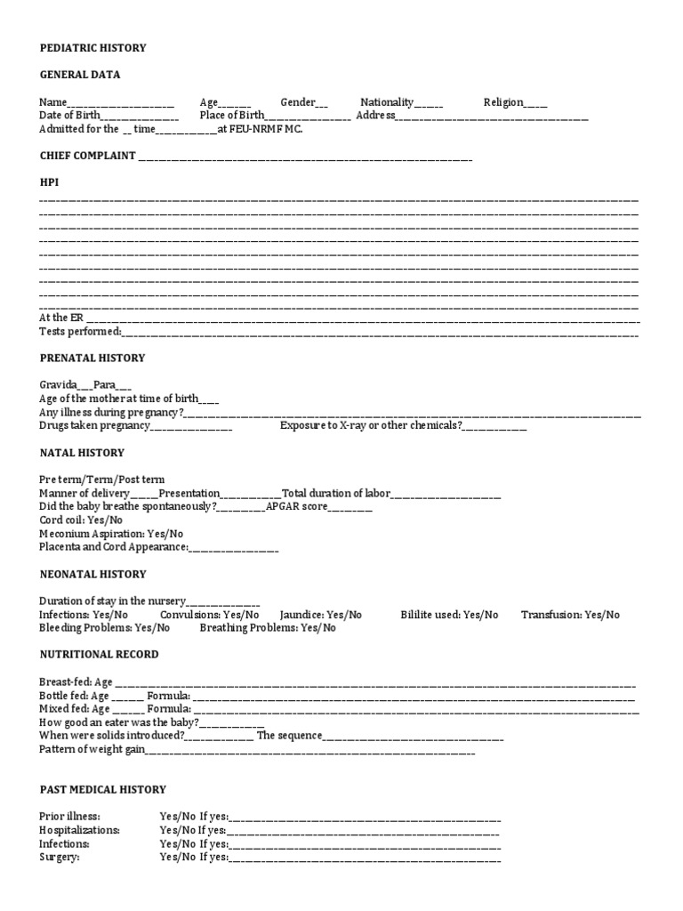 Pediatric History Template | PDF | Diseases And Disorders | Health Sciences