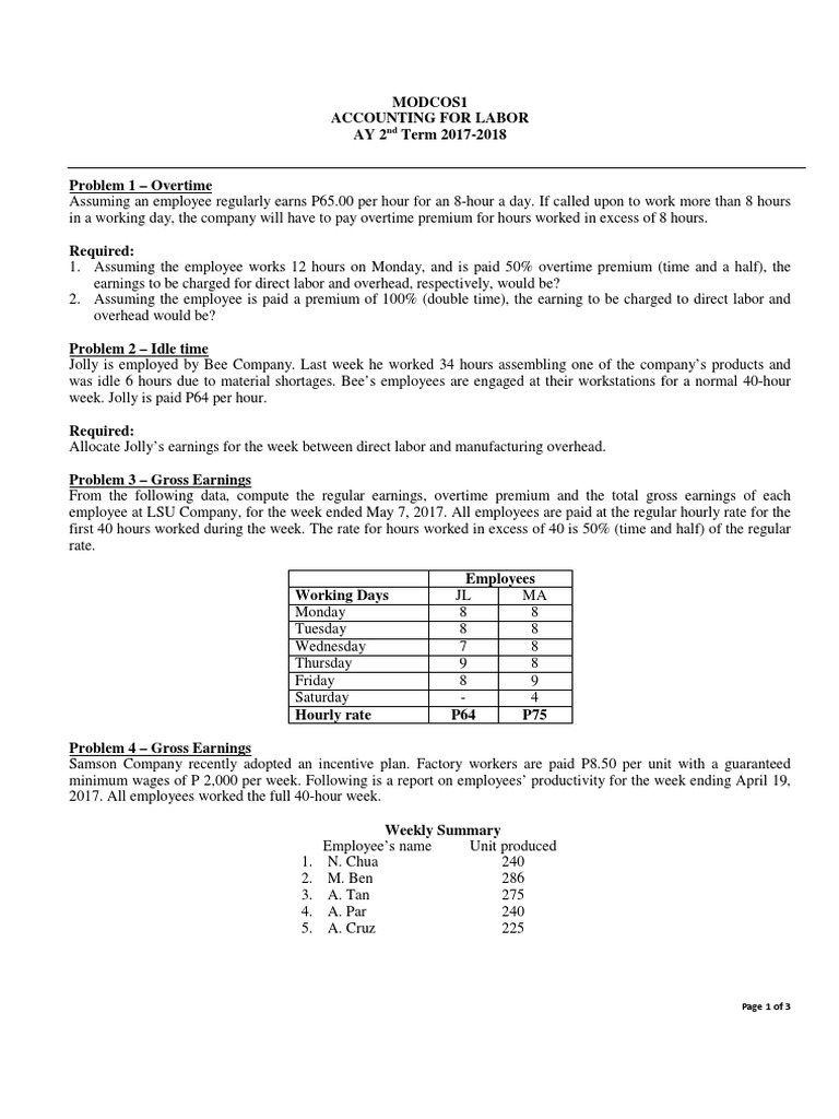 Accounting For Labor - Exercises | PDF | Payroll | Overtime