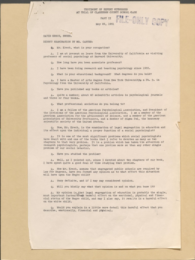 Testimony of Expert Witness David Krech, May 29 1951 Transcripts ...