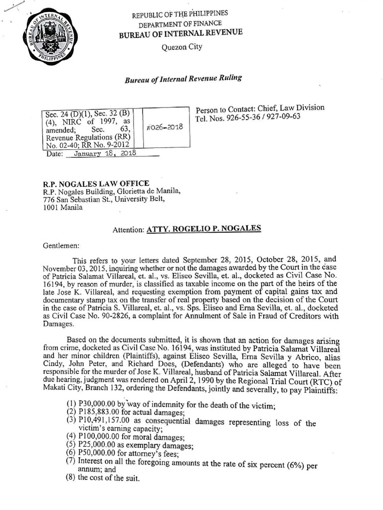 BIR Ruling No. 026 2018 | PDF