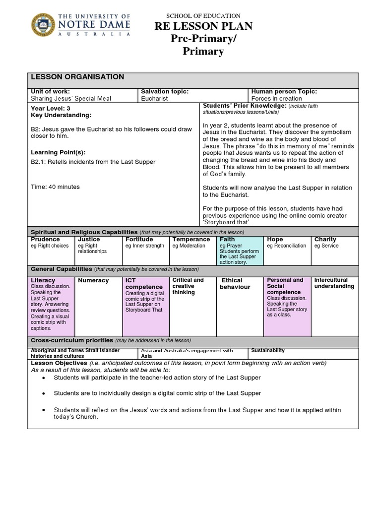 Re Lesson Plan Pre-Primary/ Primary | PDF | Last Supper | Eucharist