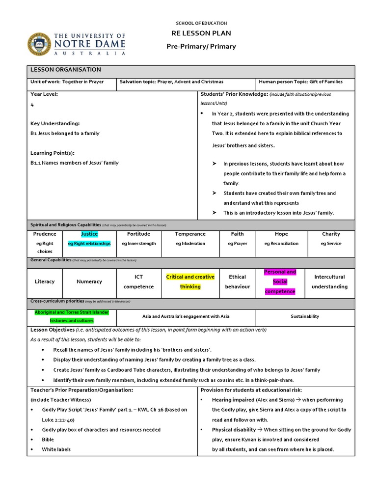 Re Lesson Plan Pre-Primary/ Primary | PDF | Saint Joseph | Nativity Of ...