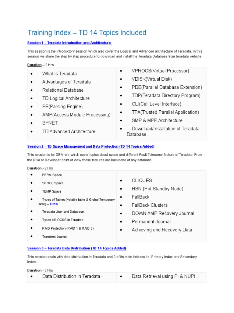 Teradata Syllabus | PDF | Database Index | Computer Data