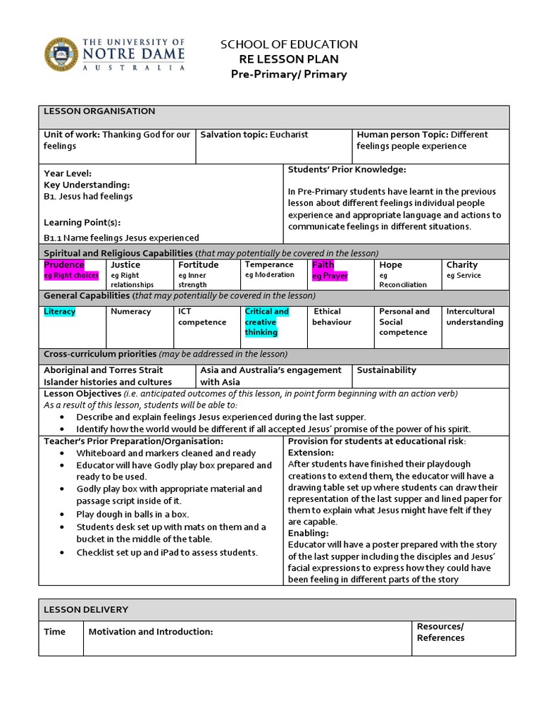 Re Lesson Plan Pre-Primary/ Primary: School of Education | PDF | Last ...