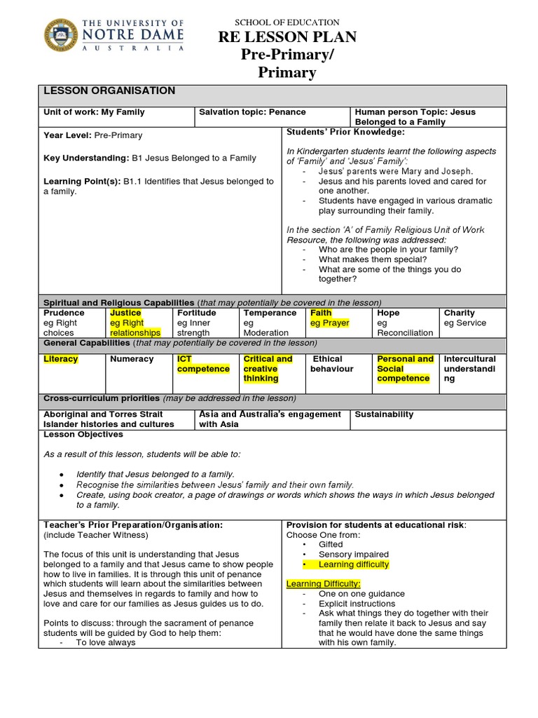 Re Lesson Plan Pre-Primary/ Primary | PDF | Saint Joseph | Mary, Mother ...