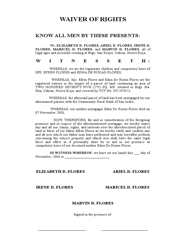 Waiver of Rights - Efren Flores | PDF | Law And Economics | Natural ...