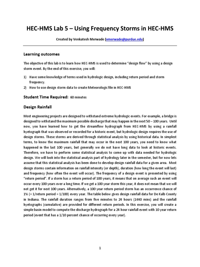 HEC-HMS Lab 5 - Using Frequency Storms in HEC-HMS: Learning Outcomes | PDF | Hydrology | Weather