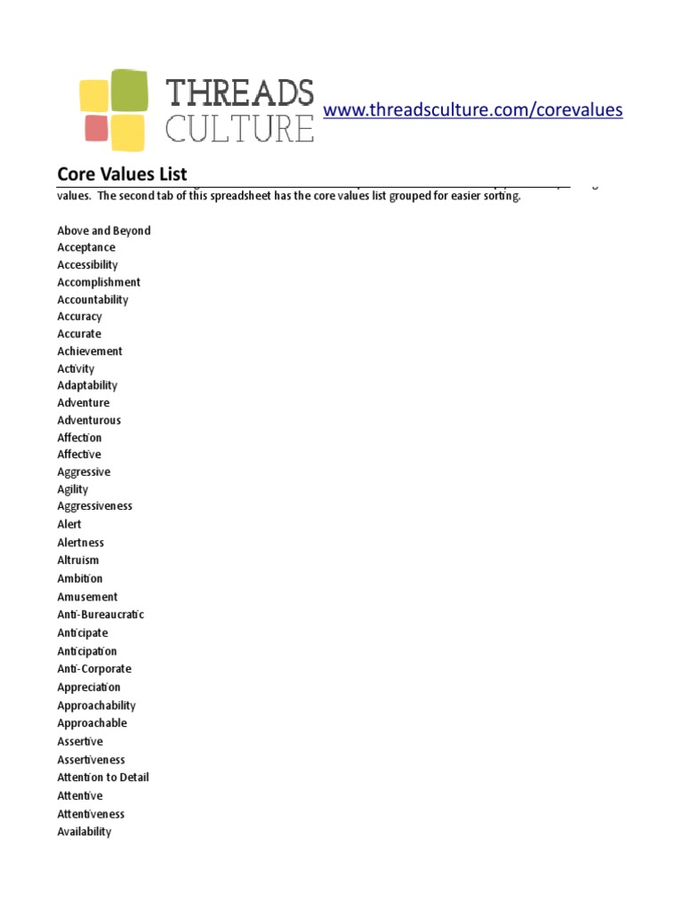 Threads Culture Core Values List 500 Examples | PDF | Courage | Integrity
