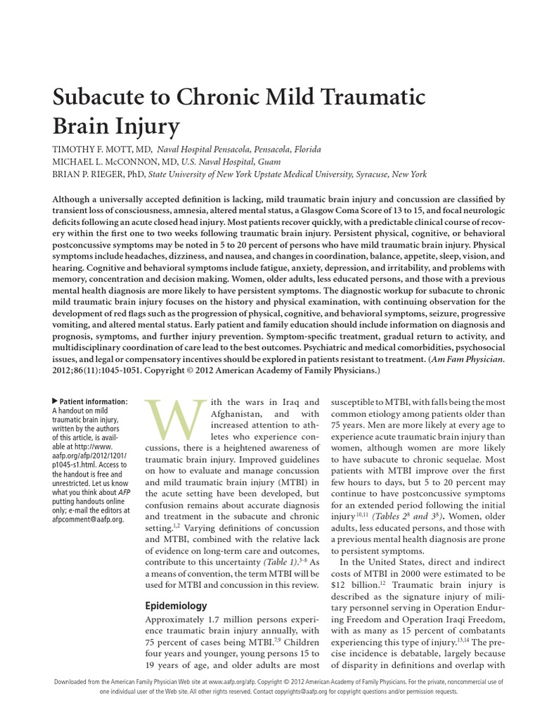 Subacute To Chronic Mild Traumatic Brain Injury: Patient Information ...