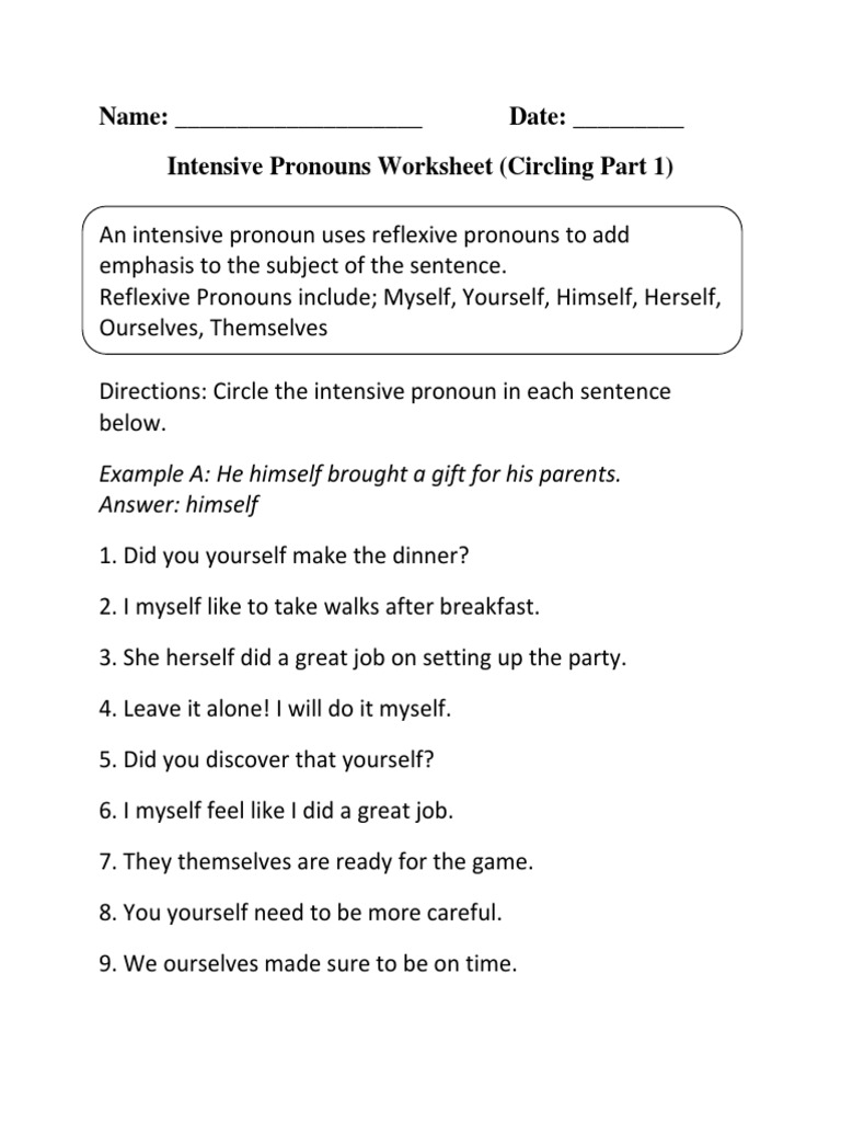 Name: - Date: - Intensive Pronouns Worksheet (Circling Part 1) | PDF
