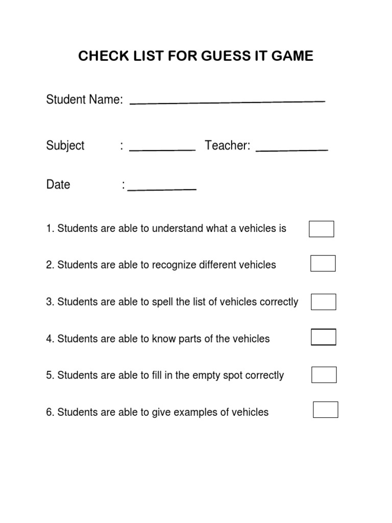 Check List For Guess It Game: Student Name | PDF