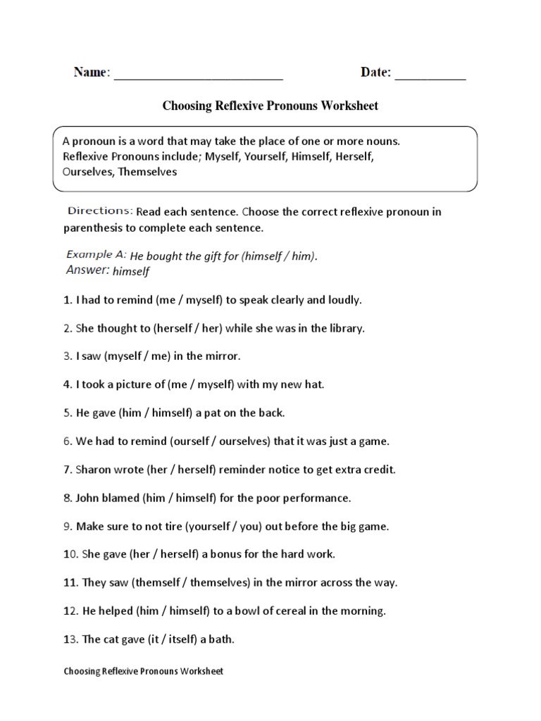 Choosing Reflexive Pronouns Worksheet: He Bought The Gift For (Himself ...