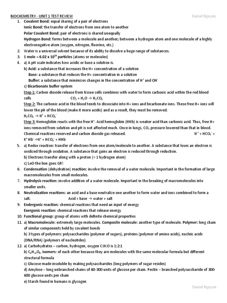 Biochemistry Unit 1 Test Review Guide | PDF | Enzyme | Macromolecules
