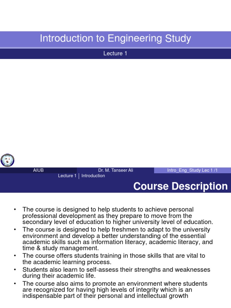 Introduction To Engineering Study: Aiub Dr. M. Tanseer Ali Intro - Eng ...