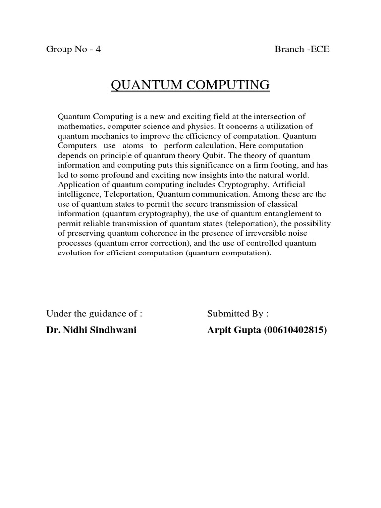 Quantum Computing: Group No - 4 Branch - Ece | PDF