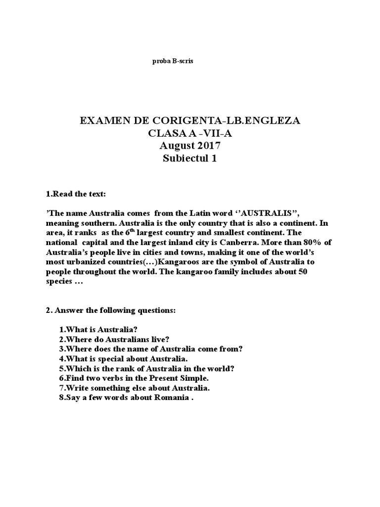 Examen Corigenta Cl.7 | PDF | Australia | Linguistics