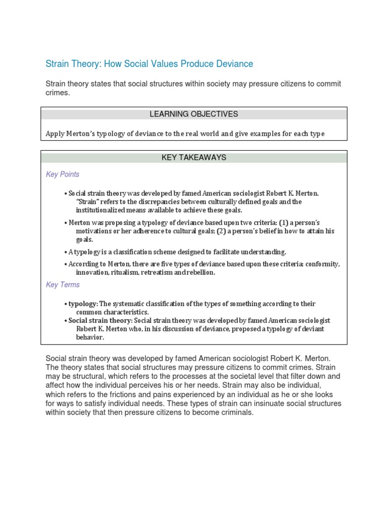 Strain Theory: How Social Values Produce Deviance: Learning Objectives ...