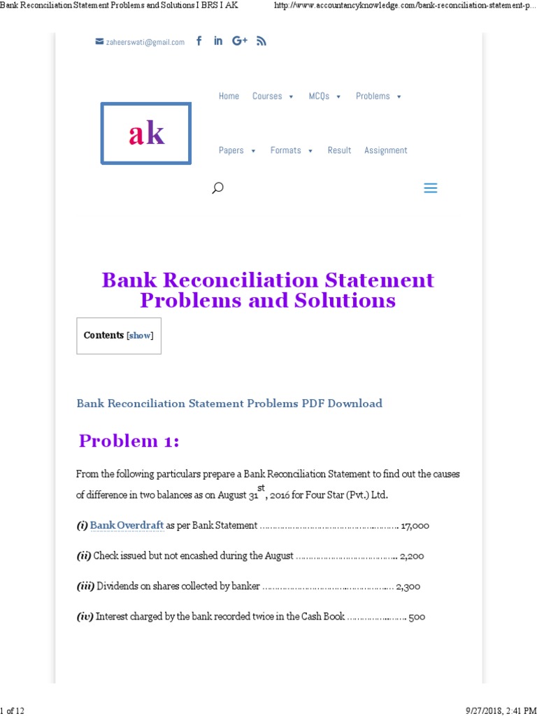Bank Reconciliation Statement Problems and Solutions I BRS I AK PDF | PDF | Banks | Valuation ...