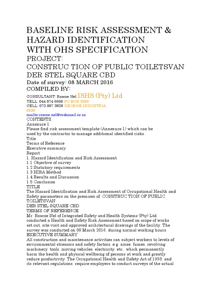 Baseline Risk Assessment & Hazard Identification With Ohs Specification ...