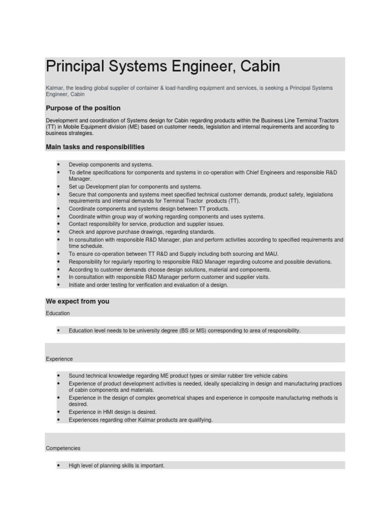 Principal Systems Engineer - Cabin Role | PDF | Innovation | Engineering