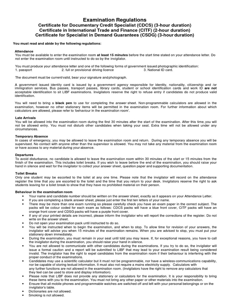 Examination Regulations: You Must Read and Abide by The Following ...