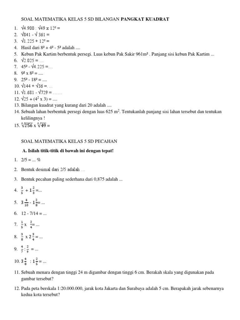 Soal Matematika Kelas 5 SD Bilangan Pangkat Kuadrat-Pecahan | PDF | Metode & Bahan Ajar