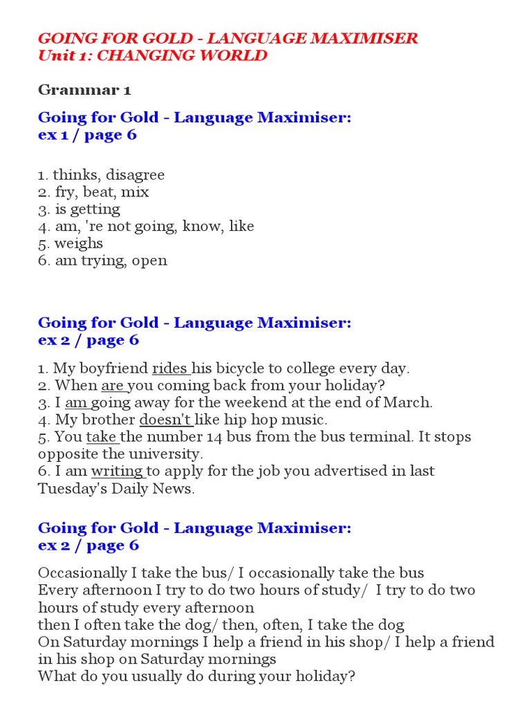 Going For Gold Unit 1 Answer Key | PDF | Adjective | Linguistics