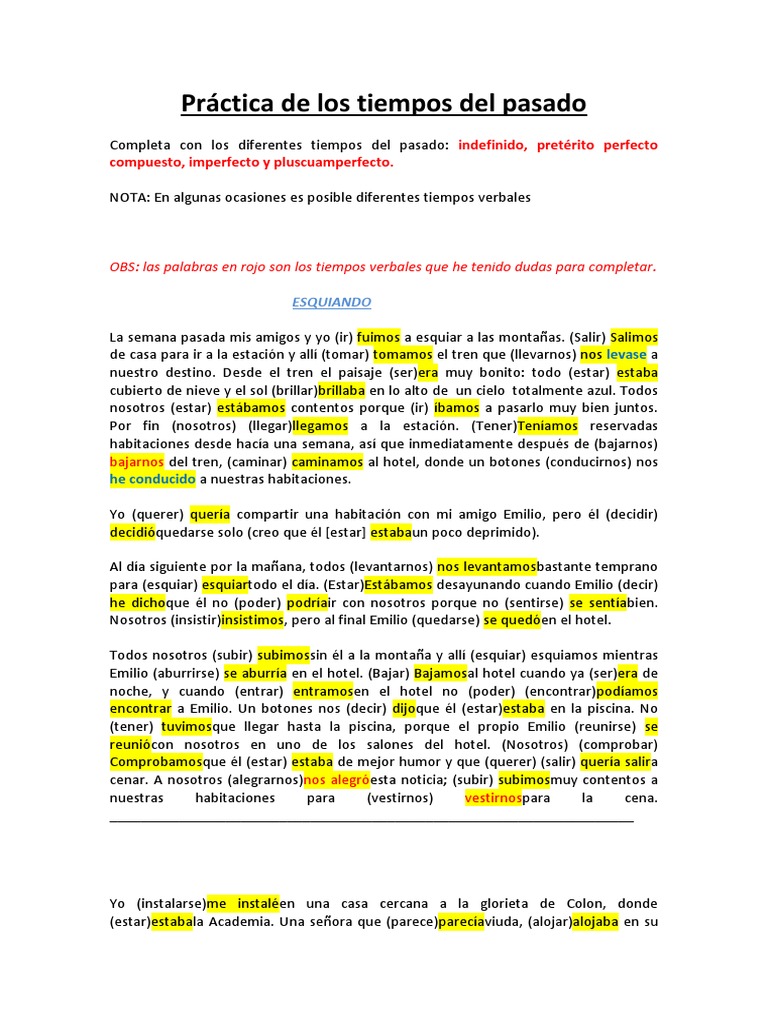 Práctica de los tiempos verbales del pasado a través de varios textos ...