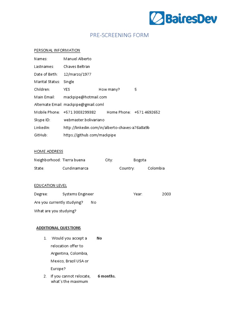 PreScreening Form | PDF