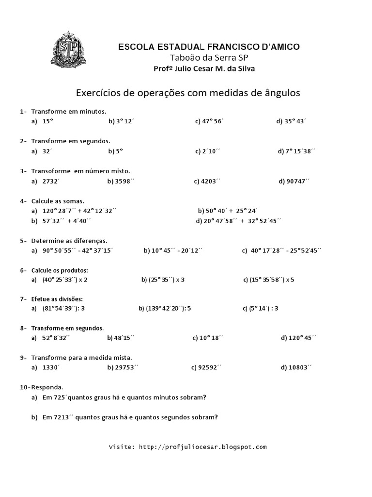Exercícios de conversão entre unidades de medida de ângulos (graus ...