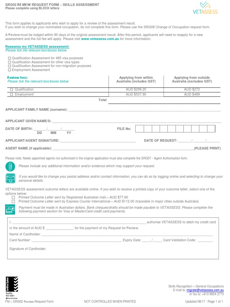 VETASSESS Skills Assessment Review Form | PDF | Visa Inc. | Credit Card