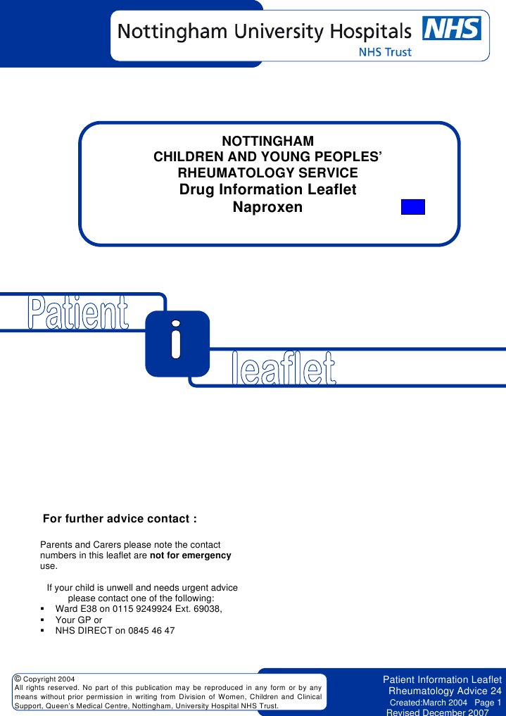 Drug Information Leaflet Naproxen: Nottingham Children and Young ...