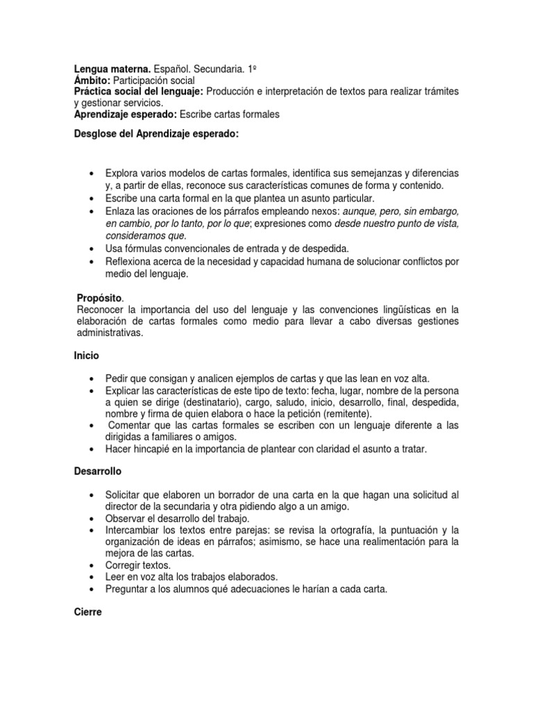 Redacción de Cartas Formales en Secundaria | PDF | Semiótica | Aprendizaje