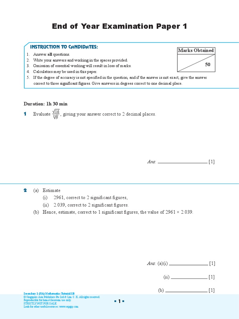 Singapore Secondary 1 End Year Examination For Math | PDF | Significant ...