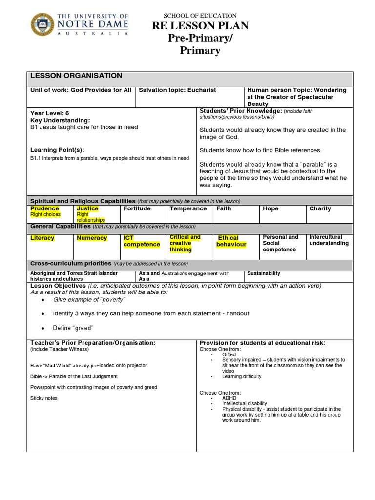 Re Lesson Plan Pre-Primary/ Primary | PDF | Seven Deadly Sins ...