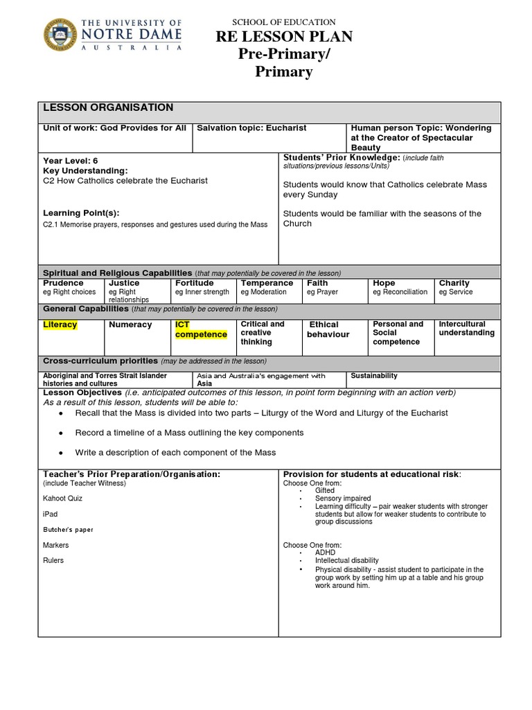 Re Lesson Plan Pre-Primary/ Primary | PDF | Mass (Liturgy ...