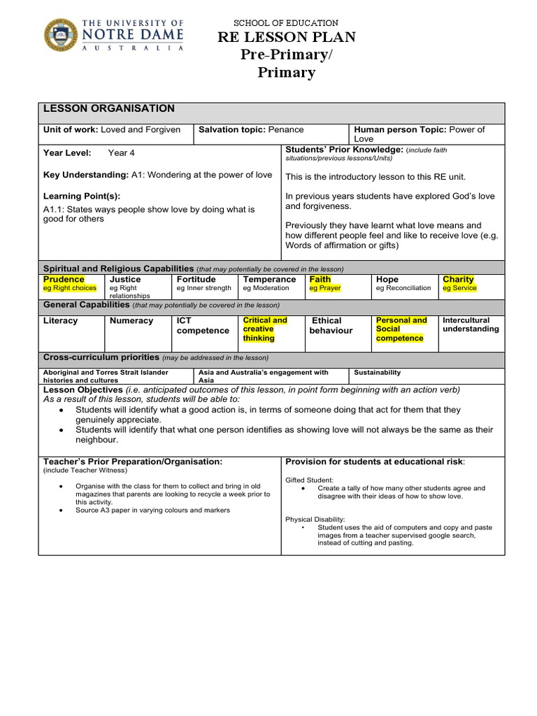 Re Lesson Plan Pre-Primary/ Primary | PDF | Forgiveness | Love
