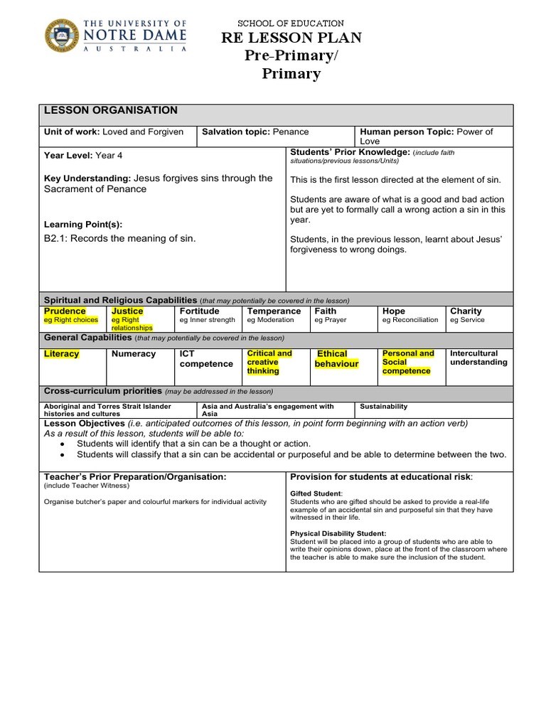 Re Lesson Plan Pre-Primary/ Primary | PDF | Forgiveness | Sin