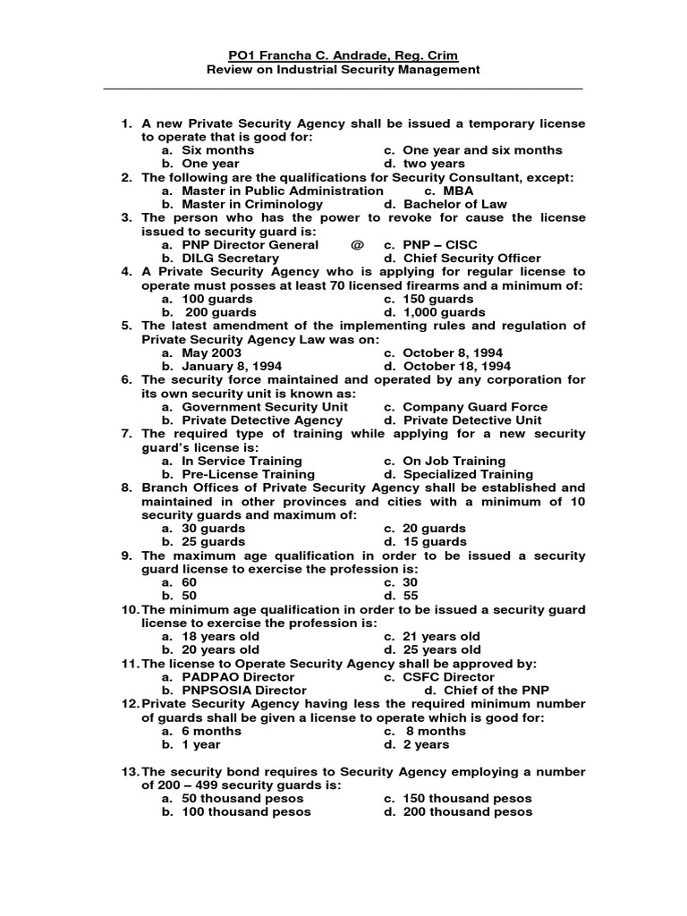 Industrial Security Quiz | PDF | Lock (Security Device) | Security Guard
