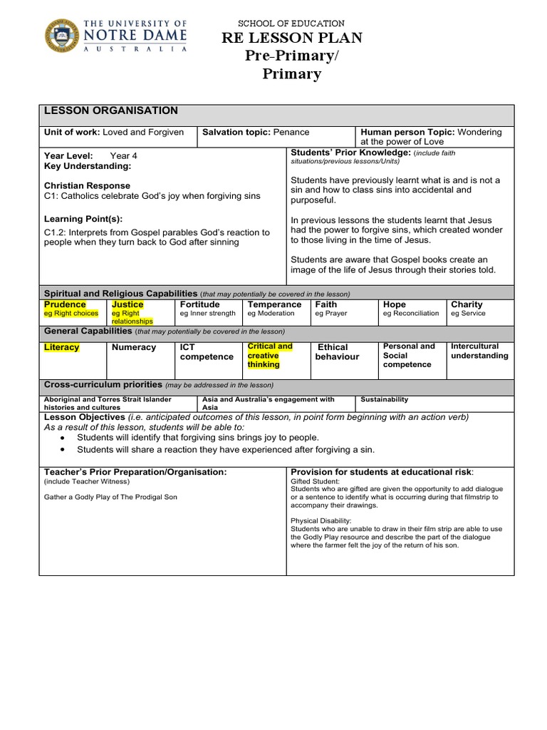 Re Lesson Plan Pre-Primary/ Primary | PDF | Forgiveness