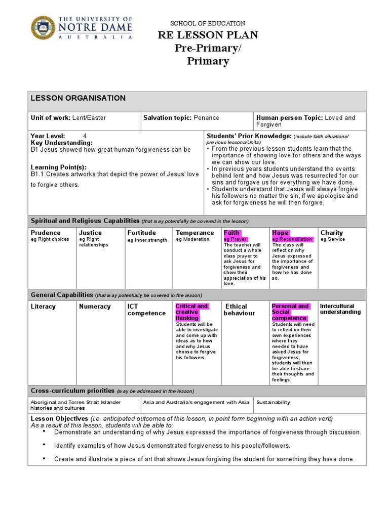 Re Lesson Plan Pre-Primary/ Primary | Download Free PDF | Forgiveness ...